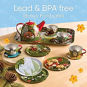Hearthsong 15-Piece Woodland-Themed Tin Tea Set, Serves 4, 11½”L x 3½”W x 7¾”H Carrying Suitcase, Woodland Themed, Ages 3 and Up