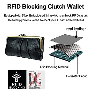 EASTNIGHTS Rfid Blocking Wallets for Women Leather Clutch Wallet Bifold Credit Card Holder Ladies Coin Purse With Zipper and Kiss Lock (black)