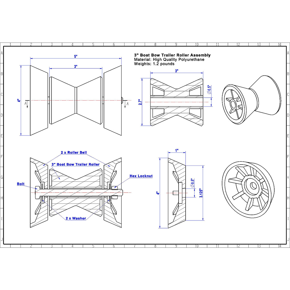 COLOFULWAY 3" Boat Trailer Bow Bell Roller Assembly with 1/2" Shaft fits 3 inch Bracket, Polyurethane(Red)