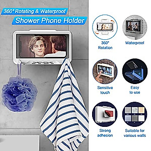 REALHOOK Shower Phone Holder Waterproof Anti-Fog Touch Screen Shower Accessories Wall Mount Phone Holder for Shower Bathroom Mirror Bathtub Kitchen for 4&quot; - 7&quot; Cell Phones 360 Rotating (White)