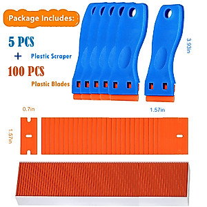 Plastic Blade Scraper, 5PCS Razor Scraper Tool 100PCS Double Edged Blades, Cleaning Scraper Remover for Decals, Stickers, Labels, Caulk, Adhesive, Paint from Car Window and Glass