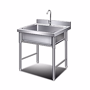 MARQI Commercial Catering Sink, Freestanding Stainless Steel Single Bowl Sink W/Faucet, Kitchen Restaurant Hotel Storage Shelf
