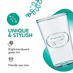 Amici Home Milk Glass | 11 Oz | Italian Made, Clear Recycled Glass with Green Tint | Cute Glass with Cow Motif for Milk, Water, Juice, Cocktails, Fresh Drinks (Set of 4)