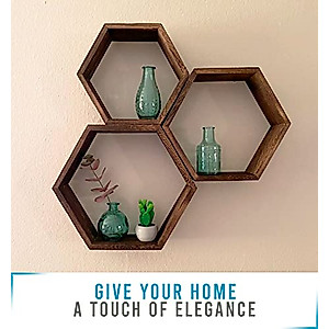 Rustic Wall Mounted Hexagonal Floating Shelves – Set of 3 – Large, Medium and Small – Screws and Anchors Included - Farmhouse Shelves for Bedroom, Living Room and More – Honeycomb Wall Décor - Torched