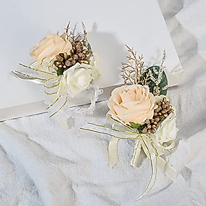 Daxi Events 6 PCS Rose Wrist Corsage for Bridesmaid, Mother of Bride and Groom Corsage, Girl Prom Flowers, Wedding Ceremony, Anniversary, Homecoming, Bridal Shower(Champagne)