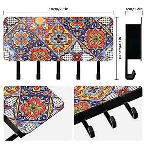 MCHIVER Mexican Talavera Ceramic Tile Pattern Key Holder for Wall Decorative Mail Organizer Holders Wall Mounted Key Hangers with 5 Hooks Mounting Hardware Key Rack for Office Entryway Door