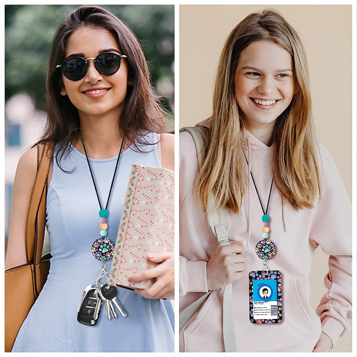 Dog Cat Paw Lanyards for Id Badges and Keys, Cute ID Badge Holder with Lanyard, Silicone Beaded Breakaway Lanyard for Women Teacher Nurse, ID Card Holder Name Badge, Lanyard Keychain