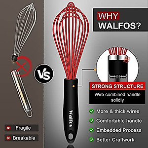 Walfos Silicone Balloon Whisk, Heat Resistant Non Scratch Coated Kitchen Whisks for Cooking Nonstick Cookware, Balloon Egg Wisk Perfect for Blending, Baking, Beating, Set of 3,Red,Blue,Green