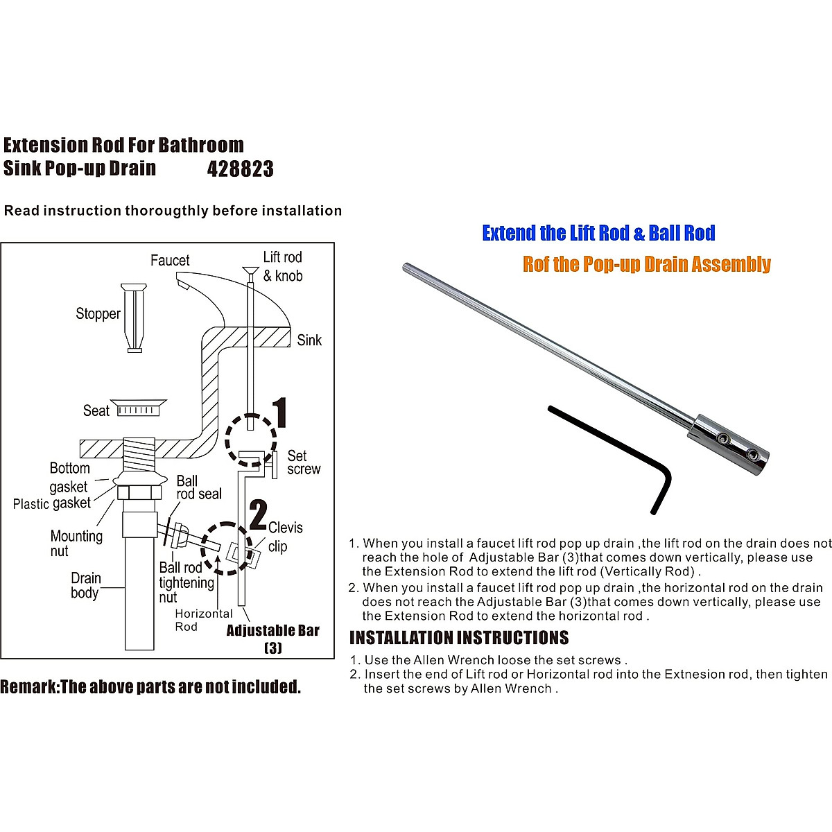 Extension Rod for Bathroom Pop-Up Vertical/Horizontal Rods, 6 Inch Pop Up Drain Extension Rod, Extension Rod for Sink Pop Up Drain Assembly by Artiwell, Chrome Plated