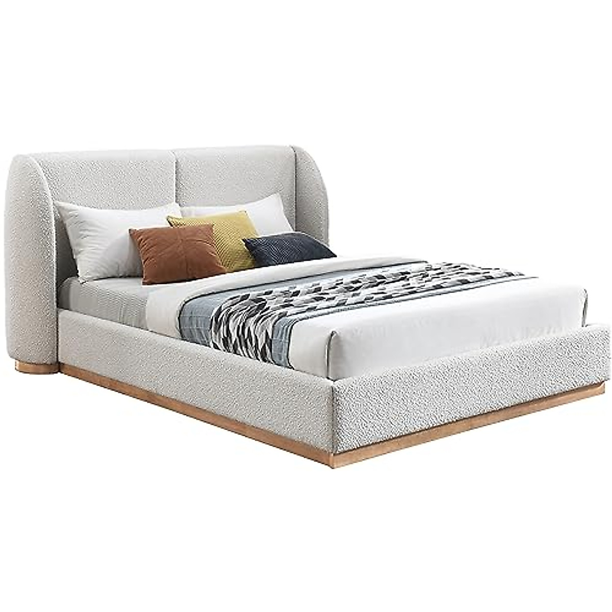 Meridian Furniture JardinCream-F Jardin Collection Art Deco Full Bed with Rich Cream Boucle Fabric, Solid Wood Base, Rounded Wing Back Bed, 60" W x 85" D x 40.25" H, Cream, Full