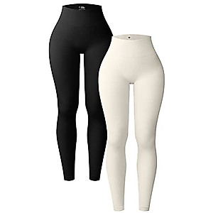 OQQ Women's 2 Piece Yoga Leggings Ribbed Seamless Workout High Waist Athletic Pants Black Beige