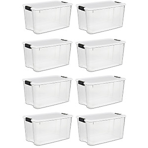 STERILITE 19889804 70 Quart/66 Liter Ultra Latch Box, Clear with a White Lid and Black Latches, 8-Pack