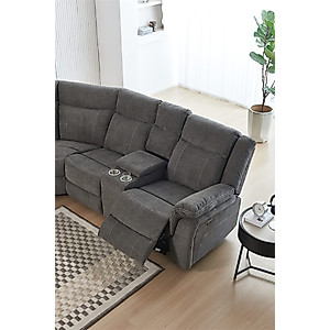 Elountik Modern Fabric Upholstered Power Reclining Sectional Couch with 2 Power Recliners, 2 Storage Consoles, 4 Cup Holders, USB Charging Ports, Gray Frabic