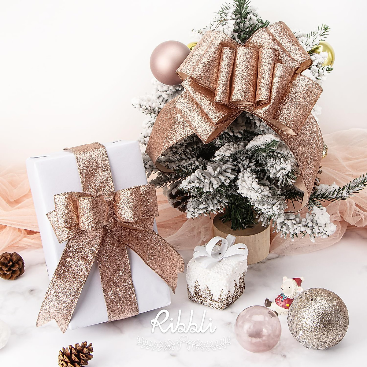 Ribbli Rose Gold Glitter Wired Ribbon,Rose Gold Ribbon with Metallic Edge,Christmas Ribbon for Wreath, ChritmasTree Decoration, Gift Wrapping,Home Decor, 2-1/2 Inch x 10 Yards