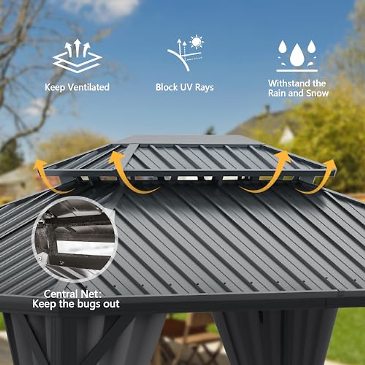 Domi 10’ X 12’ Hardtop Gazebo Canopy with Netting & Curtains, Outdoor Aluminum Gazebo with Galvanized Steel Double Roof for Patio Lawn and Garden, Gray