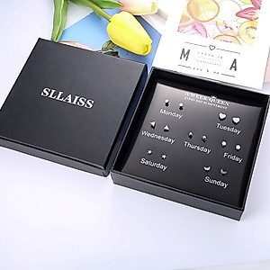 Sllaiss 7 Pairs Tiny Geometric Stud Earrings Set Stainless Steel CZ Ball Heart Star Cartilage Earrings Studs for Women Helix Ear Piercing Set With Gift Box