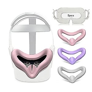 3Pcs VR Silicone Cover Eye Pads for Oculus Quest 2 Sweat Proof Lightproof Non-Slip Washable Comes with 5pcs Disposable Eye Covers (Pink+Gray+Purple)