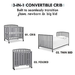 DaVinci Dylan Folding Portable 3-in-1 Convertible Mini Crib and Twin Bed in Grey, Greenguard Gold Certified