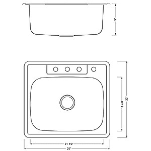 CozyBlock 25 x 22 x 9 Inch Top-mount/Drop-in Stainless Steel Single Bowl Kitchen Sink with Strainer - 18 Gauge Stainless Steel-4 Faucet Hole