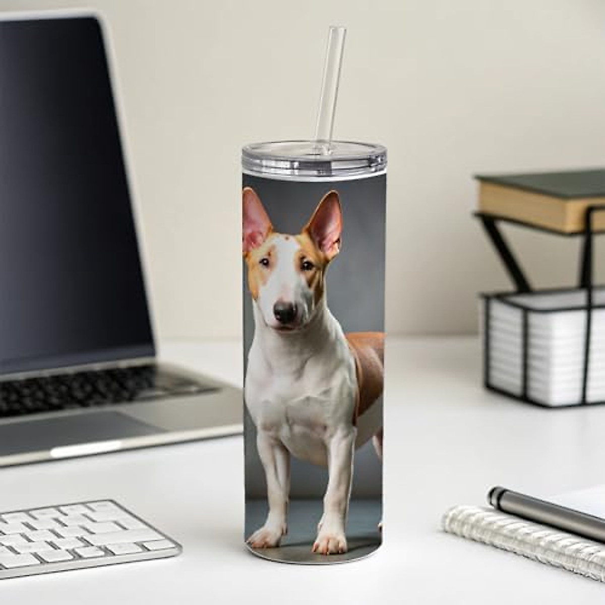 Miniature Bull Terrier Dog Photo Skinny Tumbler 20oz with Straw Insulated Water Bottle Gift