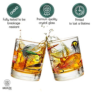 Greenline Goods – Fly Fishing Glass Set for Fisherman and Outdoorsman – Fly Lures Themed 10 oz Whiskey Drinking Glass Set of 2