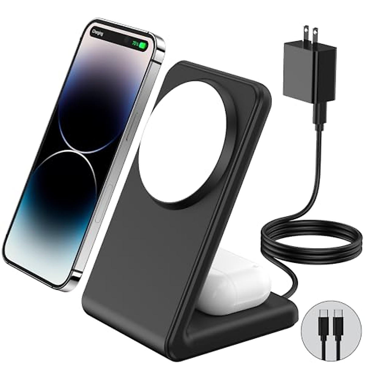 FACBINY 2-in-1 Magnetic Fast Wireless Charging Station for Multiple Devices Apple with 20W Adapter, Mag-Safe Charger Stand for iPhone 15/14/13/12/Pro/Max/Mini, AirPods Pro 2/Pro/3 (Black)