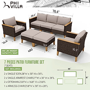 PHI VILLA 7-Piece Wicker Patio Conversation Set, Outdoor Rattan Sectional Furniture Patio Set for 7 Seats with Cushioned 2 x Single Sofa, 2 x Armrest Chair, 2 x Ottoman and 1 x Armless Sofa, Beige