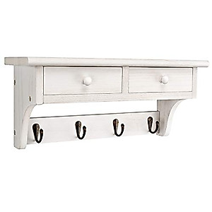 Emfogo Coat Hooks Wall Mounted, Rustic Wood Coat Rack Wall Mount Shelf with Hooks, Farmhouse Wall Coat Rack with Shelf & Vintage Coat Hook for Entryway, Mudroom, Bedroom, Kitchen, Bathroom (White)