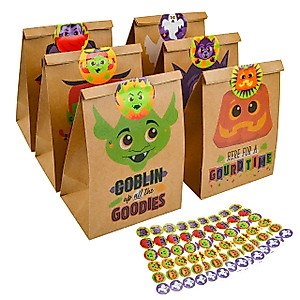 JOYIN 24 PCS Halloween Kraft Paper Treat Bags with Character Designs, Halloween Candy Bag with Kraft Paper Bag & Sticker, Halloween Candy Gift Bags for Party Favor Party Supplies