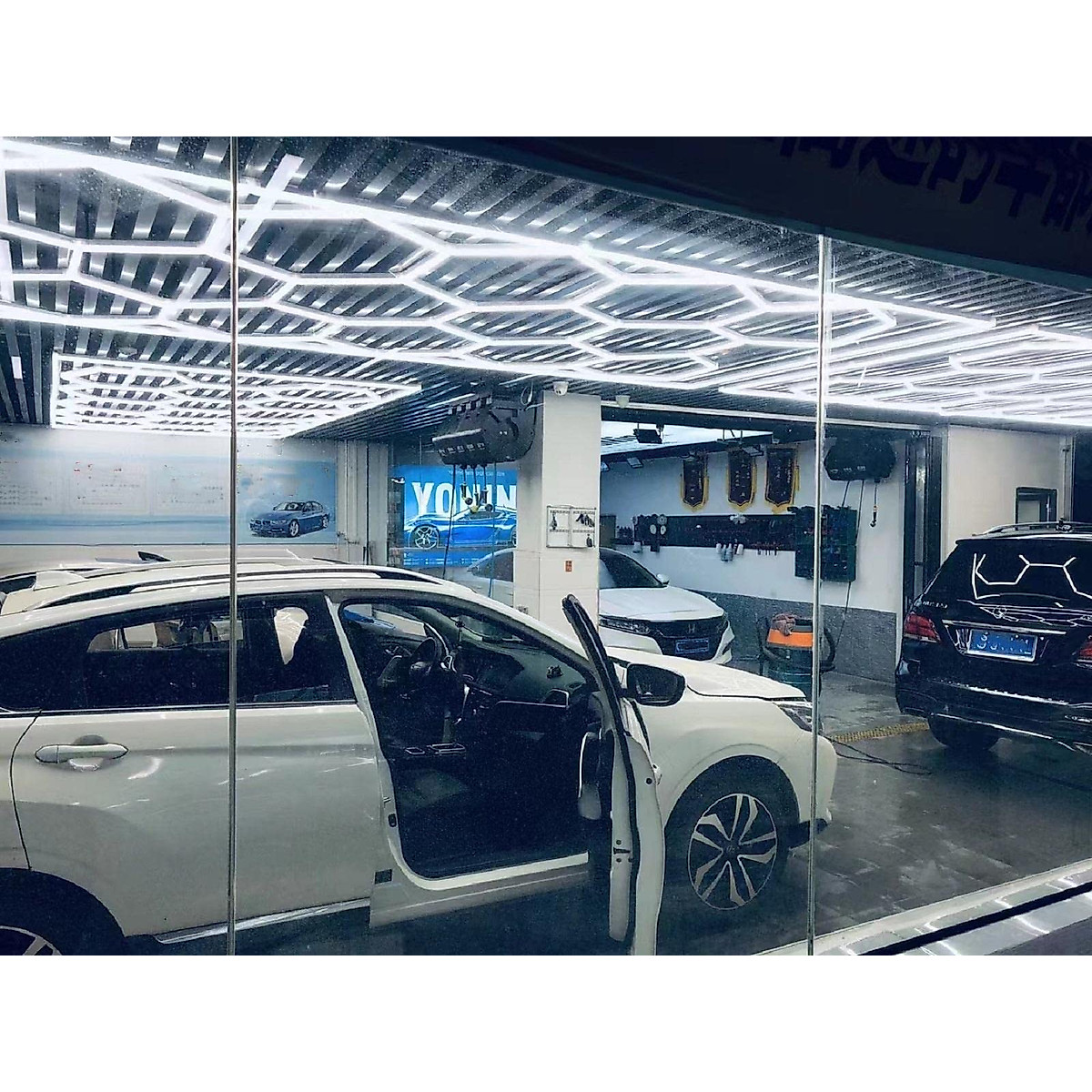 Car Detailing Led Garage Light,15 Hexagonal Grid Systems Led Shop Lights for Garage/Workshop with White Border, 6500K IP54 AC100-240V(191 “x96”)