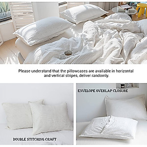 Simple&Opulence 100% Linen Duvet Cover Set 3pcs Yarn Dyed Vertical Pinstripe Ticking Pattern Natural French Washed Flax Breathable Farmhouse Bedding - Grey Stripe, King Size