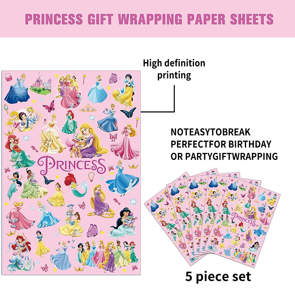 Hbavfihnbg 5 Pcs Princess Wrapping Paper Princess Gift Wrap Bulk Art Paper Folded Flat for Baby Shower Princess Birthday Party Decorations Wedding DIY Crafts Gift Packing, 20 x 30 Inch