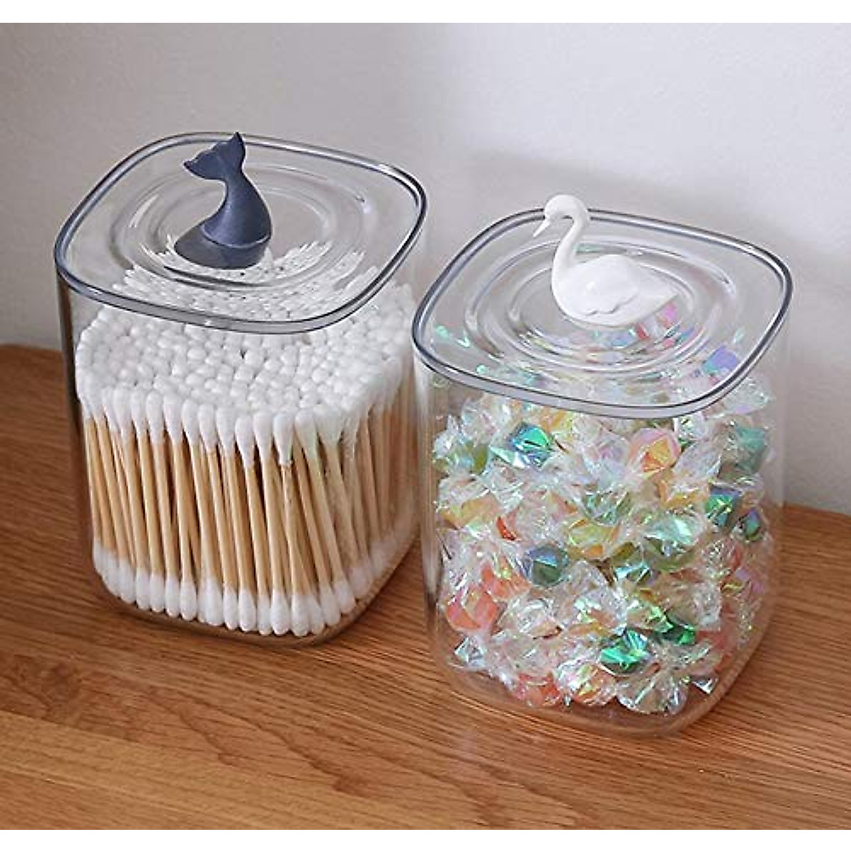 UPSTORE 1PK Transparent Acrylic Round Make up Container with Whales Lid Swabs Holder Apothecary Jars Bathroom Jar Plastic Clear Double Compartment Organizer Rounds Organizer Storage Display