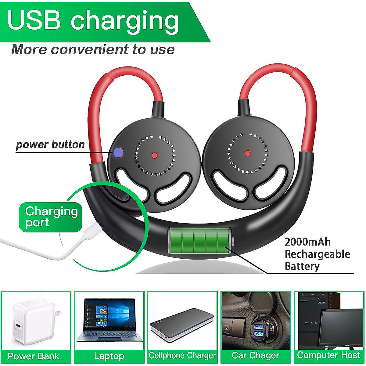 Hands Free Portable Neck Fan, Mini USB Bladeless Personal Fan with Neck Hanging Design USB Battery Rechargeable with 3 Speeds Adjustable Air Flow, 2 Wind Head for Travel Outdoor Office Home Sports