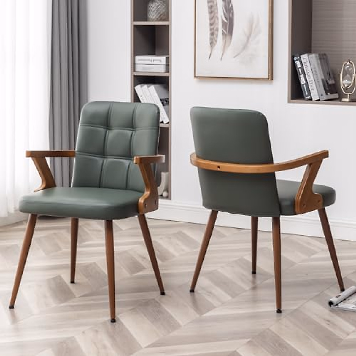 MEKLIBA Dining Chairs Set of 2，Dinner Chairs with Arms and Back，Comfortable Upholstered Dining Chairs,Modern Leather Kitchen Chair for Kitchen and Dining Room (Green)