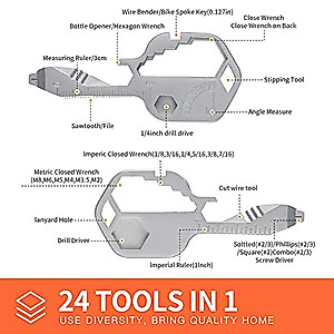 Generic 24- in-1 Key Shaped Pocket Tool, multitool key with key chain, Outdoor keychain tool for Drill Drive, Screwdriver, file, Wrench, Ruler, Bottle Opener,Wrench, Stripping, etc (Silver)