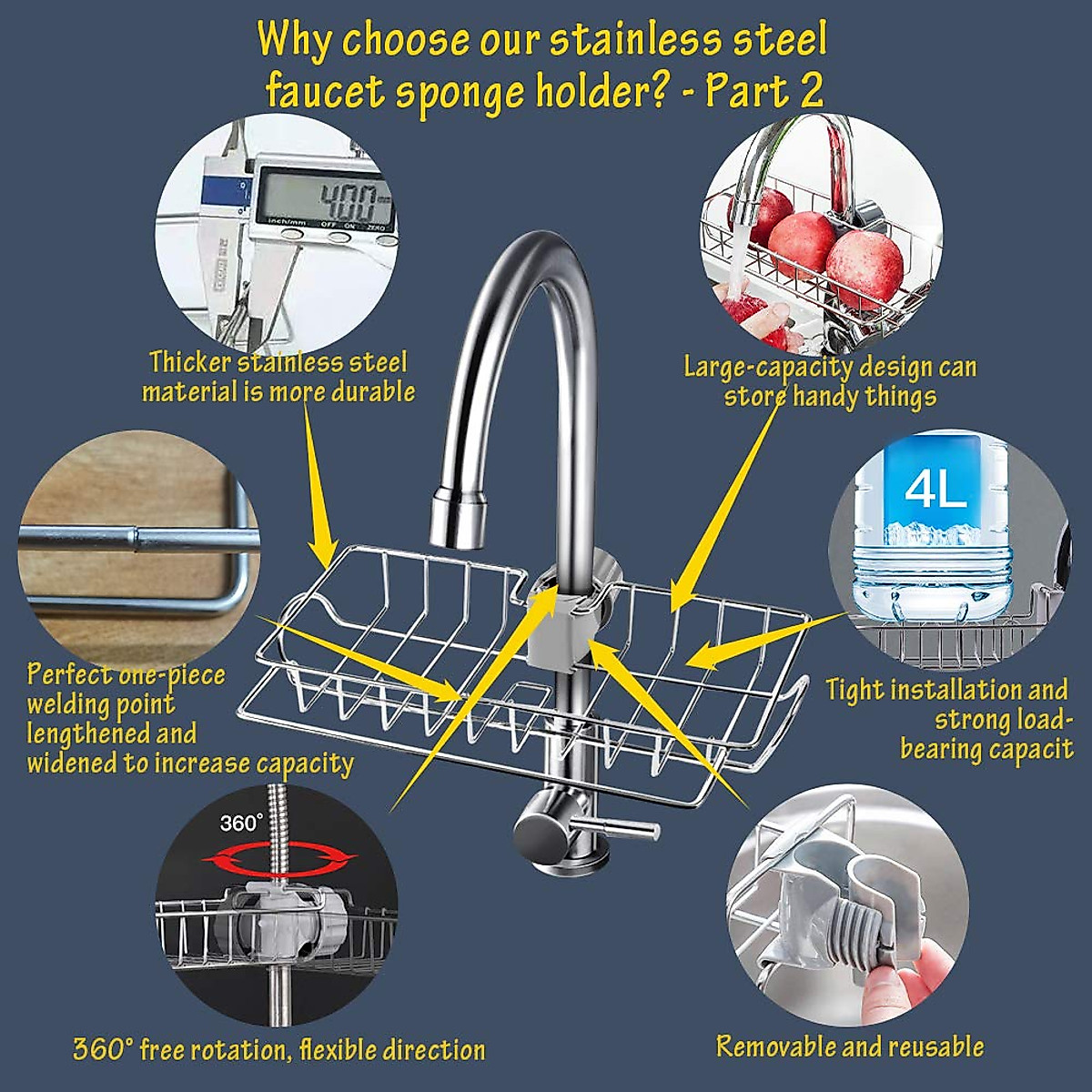 Faucet Rack Over Faucet Sponge Holder Faucet Caddy Faucet Sponge Holder Stainless Steel Sponge Holder for Soap, Scrubber, Towel etc