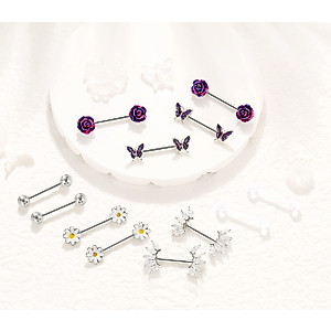 Shakalaka Surgical Steel Nipple Rings Body Piercing Jewelry for Women with Cute Daisy Flower Butterfly Ball Purple 14g