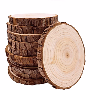 Unfinished Natural with Tree Bark Wood Slices 10 Pcs 4.2-4.7 inch Disc Coasters Wood Coaster Pieces Craft Wood kit Circles Crafts Christmas Ornaments DIY Crafts with Bark for Crafts Rustic Wedding