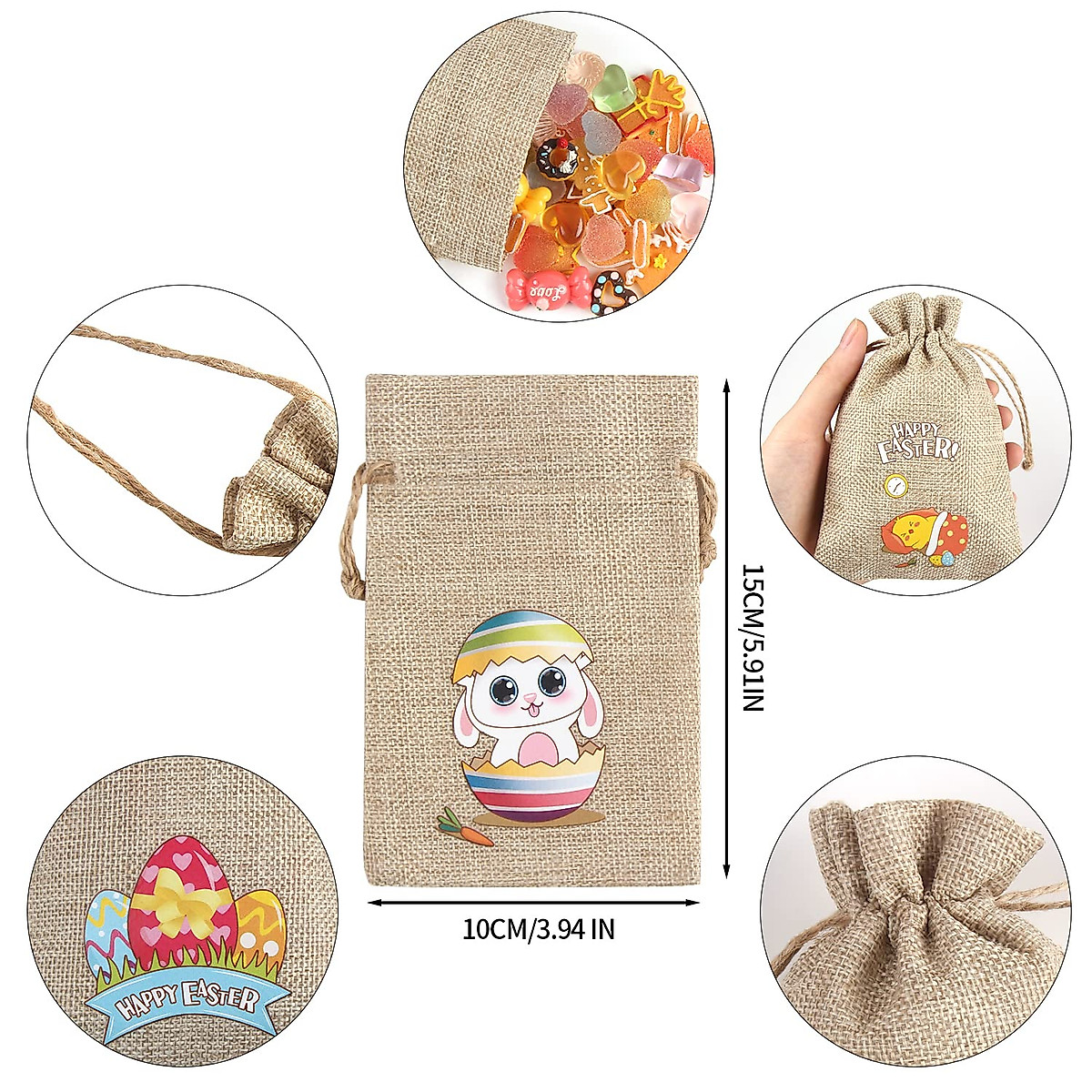 LOKIPA 24 Pcs Easter Burlap Bags, Easter Jute Burlap Bags Small Favor Bags with Drawstrings for Easter Party Favor