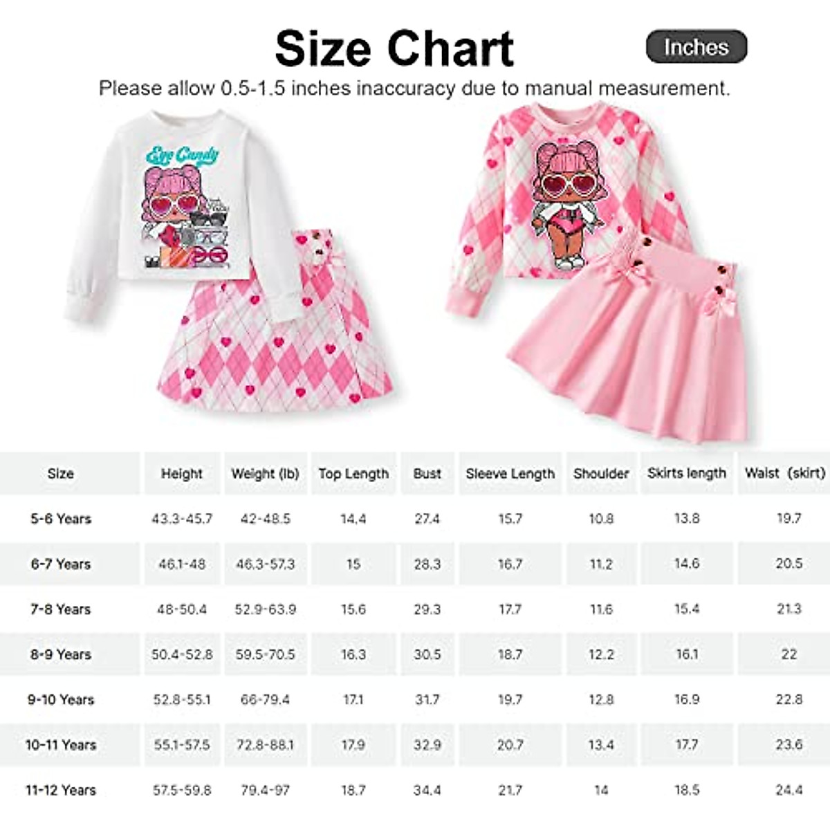 L.O.L. Surprise! Girl Skirt Set Long Sleeve Letter Print Sweatshirt Plaid/Pink Smocked Skirt Set 2PCS Clothes Set Outfit Pink 7-8 Years