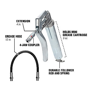 Workforce Mini Grease Gun, for 3 oz. Cartridges, 12 In. Flexible Extension, 4 In. Rigid Extension - L1305