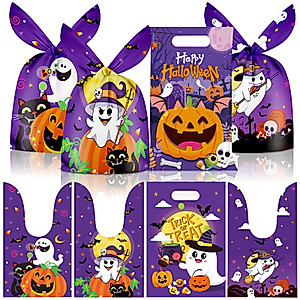 50 Pcs Halloween Treat Bags - Happy Halloween Goodie Bags with Handles, Trick or Treat Halloween Themed Goody Candy Snack Gift Bags, Cute Rabbit Ears Party Bag for Halloween Party Supplies Favors