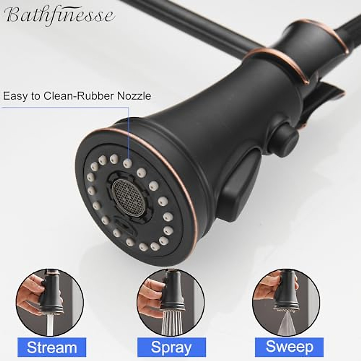 Bathfinesse Kitchen Sink Faucet with Pull Down Sprayer, 1 or 3 Hole, Oil Rubbed Bronze