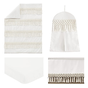 Sweet Jojo Designs Ivory Gender Neutral Bohemian Boho Baby Girl Boy Nursery Crib Bedding Set Solid Color Beige Cream Off White Chic Unisex Farmhouse Minimalist Macrame Trim Tassel Fringe Cotton - 4pc
