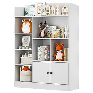 DIYART White Kids Bookshelf, Kids Bookcase with 7 Cubbies and 2 Cabinets, Freestanding Book Storage Shelves for Bedroom, Playroom, Hallway