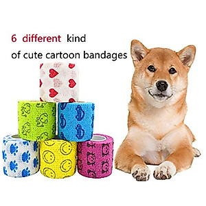 Stmandy Vet Tape wrap, wrap Bandage 2 inch 6 Rolls,Adhesive wrap Bandage for The Person or The Pets (cat,Dogs,Horse and Other Animal) who was injure or Have Wounds (Cartoon 6pcs)