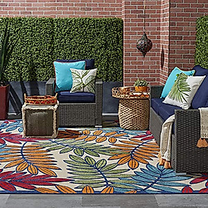 Nourison Aloha Indoor/Outdoor Multicolor 7'10" x 10'6" Area Rug, Tropical, Botanical, Easy-Cleaning, Non-Shedding, Bed Room, Kitchen, Living Room, Deck, Backyard, (8' x 11')