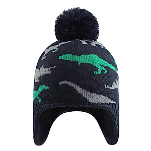 Duoyeree Baby Boy Winter Hat Dinosaur Warm Mittens Set Newborn Pompom Beanie Gloves Toddler Fleecce Earflaps Caps Grass Green