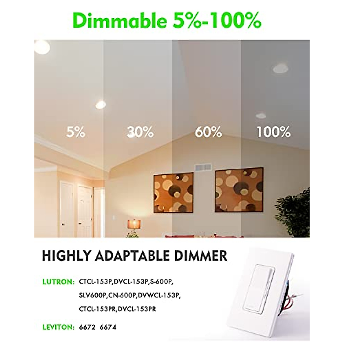 12 Pack LED Recessed Lighting 6 Inch, 3000K/4000K/5000K Selectable Canless 6 inch led recessed light, Dimmable 6in Recessed Lighting LED,12W 1200LM (110W Eqv.) CRI90 Wafer Lights 6 inch -IC Rated